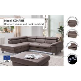 Ecksofa COTTA "Komaris L-Form, B: 249 cm", schwarz, B:249cm H:72cm, Microfaser PRIMABELLE (100% Polyester);Kunstleder SOFTLUX;Feinstruktur (100% Polyester);Kunstleder SOFTLUX/Struktur (100% Polyester);NaturLEDER, Sofas, Ecksofa, mit Kopfteilverstellung, optional Bettfunktion, Bettkasten & Licht
