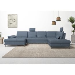 Wohnlandschaft Places of Style "Costello U-Form, B: 363 cm mit Sitztiefen-, Armteilverstellung &", blau (graublau), B:363cm H:89cm T:223cm, Luxus-Microfaser (90% Polyester, 10% Polyamid);Samtoptik (100% Polyester), Sofas, 3 Nierenkissen, optional Bettfunktion & Bettkasten
