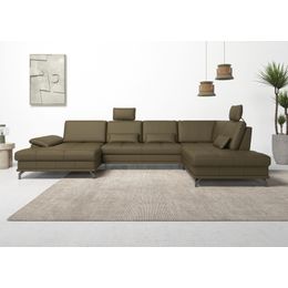 Wohnlandschaft Places of Style "Costello U-Form, B: 363 cm mit Sitztiefen-, Armteilverstellung &", grün (olive), B:363cm H:89cm T:223cm, Luxus-Microfaser (90% Polyester, 10% Polyamid);Samtoptik (100% Polyester), Sofas, 3 Nierenkissen, optional Bettfunktion & Bettkasten