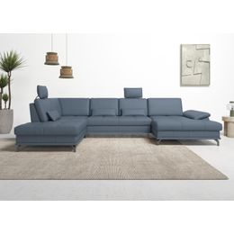 Wohnlandschaft Places of Style "Costello U-Form, B: 363 cm mit Sitztiefen-, Armteilverstellung &", blau (graublau), B:363cm H:89cm T:223cm, Luxus-Microfaser (90% Polyester, 10% Polyamid);Samtoptik (100% Polyester), Sofas, 3 Nierenkissen, optional Bettfunktion & Bettkasten