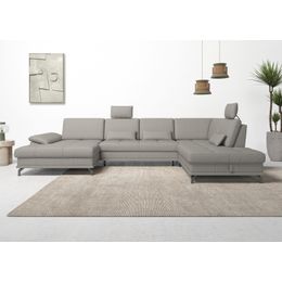 Wohnlandschaft Places of Style "Costello U-Form, B: 363 cm mit Sitztiefen-, Armteilverstellung &", grau (hellgrau), B:363cm H:89cm T:223cm, Luxus-Microfaser (90% Polyester, 10% Polyamid);Samtoptik (100% Polyester), Sofas, 3 Nierenkissen, optional Bettfunktion & Bettkasten