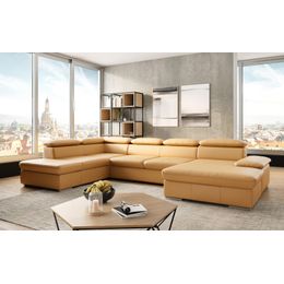 Sit & More Wohnlandschaft SIT & MORE "Valantine U-Form, B: 349 cm", gelb (curry), B:349cm H:73cm T:226cm, Sofas, mit Arm- & Kopfteilverstellung, optional mit Bettfunktion
