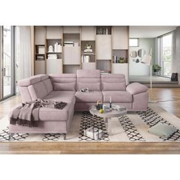 Sit & More Ecksofa SIT & MORE "Cabrio L-Form, B: 274 cm, mit Sitztiefen-, Arm- & Kopfteilverstellung", rosa (rose), B:274cm H:87cm T:230cm, 100% Polyester, Sofas, Ecksofa, 3 Nierenkissen, Federkern, optional Bettfunktion und Stauraum