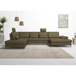 Wohnlandschaft Places of Style "Costello U-Form, B: 363 cm mit Sitztiefen-, Armteilverstellung &", grün (olive), B:363cm H:89cm T:223cm, Luxus-Microfaser (90% Polyester, 10% Polyamid);Samtoptik (100% Polyester), Sofas, 3 Nierenkissen, optional Bettfunktion & Bettkasten