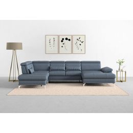 Sit & More Wohnlandschaft SIT & MORE "Cabrio U-Form, B: 359 cm, mit Sitztiefen-, Arm- & Kopfteilverstellung", blau (graublau), B:359cm H:87cm T:230cm, Sofas, 3 Nierenkissen, Federkern, optional Bettfunktion und Stauraum