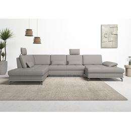Wohnlandschaft Places of Style "Costello U-Form, B: 363 cm mit Sitztiefen-, Armteilverstellung &", grau (hellgrau), B:363cm H:89cm T:223cm, Luxus-Microfaser (90% Polyester, 10% Polyamid);Samtoptik (100% Polyester), Sofas, 3 Nierenkissen, optional Bettfunktion & Bettkasten