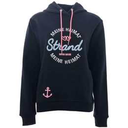Hoodie Zwillingsherz ""Meine Heimat"", Damen, Gr. L/XL (L/XL), blau (navy), Sweatware, Obermaterial: 80% Baumwolle, 20% Polyester, unifarben, normal normal, ohne Ausschnitt, angesetztes Bündchen, Sweatshirts, mit aufgesticktem "Strand"-Schriftzug vorne und hinten