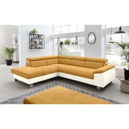 Ecksofa COTTA "Komaris L-Form, B: 249 cm", gelb (creme, senf), B:249cm H:72cm T:100cm, Microfaser PRIMABELLE (100% Polyester);Kunstleder SOFTLUX;Feinstruktur (100% Polyester);Kunstleder SOFTLUX/Struktur (100% Polyester);NaturLEDER, Sofas, Ecksofa, mit Kopfteilverstellung, optional Bettfunktion, Bettkasten & Licht
