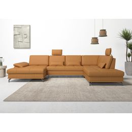 Wohnlandschaft Places of Style "Costello U-Form, B: 363 cm mit Sitztiefen-, Armteilverstellung &", gelb (curry), B:363cm H:89cm T:223cm, Luxus-Microfaser (90% Polyester, 10% Polyamid);Samtoptik (100% Polyester), Sofas, 3 Nierenkissen, optional Bettfunktion & Bettkasten