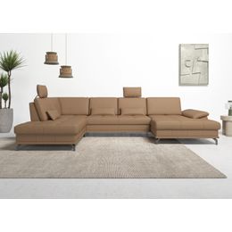 Wohnlandschaft Places of Style "Costello U-Form, B: 363 cm mit Sitztiefen-, Armteilverstellung &", braun (cappucino), B:363cm H:89cm T:223cm, Luxus-Microfaser (90% Polyester, 10% Polyamid);Samtoptik (100% Polyester), Sofas, 3 Nierenkissen, optional Bettfunktion & Bettkasten