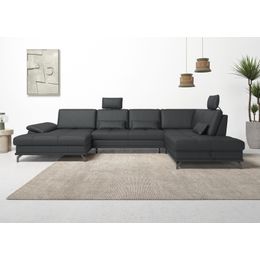 Wohnlandschaft Places of Style "Costello U-Form, B: 363 cm mit Sitztiefen-, Armteilverstellung &", schwarz, B:363cm H:89cm T:223cm, Luxus-Microfaser (90% Polyester, 10% Polyamid);Samtoptik (100% Polyester), Sofas, 3 Nierenkissen, optional Bettfunktion & Bettkasten