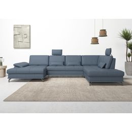 Wohnlandschaft Places of Style "Costello U-Form, B: 363 cm mit Sitztiefen-, Armteilverstellung &", blau (graublau), B:363cm H:89cm T:223cm, Luxus-Microfaser (90% Polyester, 10% Polyamid);Samtoptik (100% Polyester), Sofas, 3 Nierenkissen, optional Bettfunktion & Bettkasten