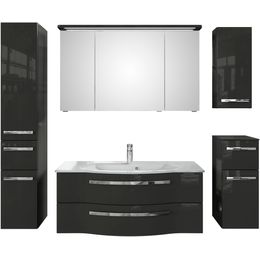 Badmöbel-Set SAPHIR "Serie 4005, vormontiert, Glaswaschbecken, Spiegelschrank", grau (lack steingrau hgl, quarzgrau hgl), Holzwerkstoff, Kastenmöbel-Sets, Badezimmer-Set mit Unterschrank, Hängeschrank, Hochschrank, Türdämpfer