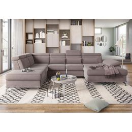 Sit & More Wohnlandschaft SIT & MORE "Cabrio U-Form, B: 359 cm, mit Sitztiefen-, Arm- & Kopfteilverstellung", braun (savannah), B:359cm H:87cm T:230cm, 100% Polyester, Sofas, 3 Nierenkissen, Federkern, optional Bettfunktion und Stauraum