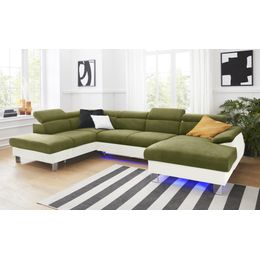 Wohnlandschaft COTTA "Komaris U-Form, B: 320 cm", grün (creme, grün), B:320cm, Microfaser PRIMABELLE (100% Polyester);Kunstleder SOFTLUX;Feinstruktur (100% Polyester);Kunstleder SOFTLUX/Struktur (100% Polyester);NaturLEDER, Sofas, mit Kopfteilverstellung, optional Bettfunktion, Bettkasten & Licht