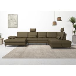 Wohnlandschaft Places of Style "Costello U-Form, B: 363 cm mit Sitztiefen-, Armteilverstellung &", grün (olive), B:363cm H:89cm T:223cm, Luxus-Microfaser (90% Polyester, 10% Polyamid);Samtoptik (100% Polyester), Sofas, 3 Nierenkissen, optional Bettfunktion & Bettkasten