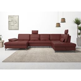 Wohnlandschaft Places of Style "Costello U-Form, B: 363 cm mit Sitztiefen-, Armteilverstellung &", rot (merlot), B:363cm H:89cm T:223cm, Luxus-Microfaser (90% Polyester, 10% Polyamid);Samtoptik (100% Polyester), Sofas, 3 Nierenkissen, optional Bettfunktion & Bettkasten