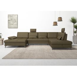 Wohnlandschaft Places of Style "Costello U-Form, B: 363 cm mit Sitztiefen-, Armteilverstellung &", grün (olive), B:363cm H:89cm T:223cm, Luxus-Microfaser (90% Polyester, 10% Polyamid);Samtoptik (100% Polyester), Sofas, 3 Nierenkissen, optional Bettfunktion & Bettkasten