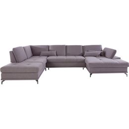 Wohnlandschaft Places of Style "Costello U-Form, B: 363 cm mit Sitztiefen-, Armteilverstellung &", grau, B:363cm H:89cm T:223cm, 100% Polyester;Samtoptik (100% Polyester), Sofas, 3 Nierenkissen, optional Bettfunktion & Bettkasten