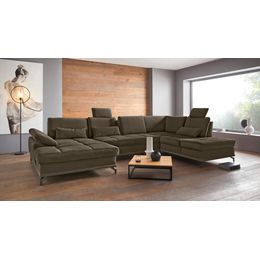 Wohnlandschaft Places of Style "Costello U-Form, B: 363 cm mit Sitztiefen-, Armteilverstellung &", grün (olive), B:363cm H:89cm T:223cm, 100% Polyester;Samtoptik (100% Polyester), Sofas, 3 Nierenkissen, optional Bettfunktion & Bettkasten