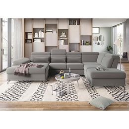 Sit & More Wohnlandschaft SIT & MORE "Cabrio U-Form, B: 359 cm, mit Sitztiefen-, Arm- & Kopfteilverstellung", grau, B:359cm H:87cm T:230cm, 100% Polyester, Sofas, 3 Nierenkissen, Federkern, optional Bettfunktion und Stauraum