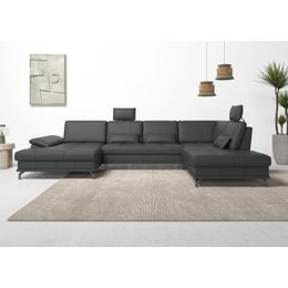 Wohnlandschaft Places of Style "Costello U-Form, B: 363 cm mit Sitztiefen-, Armteilverstellung &", grau (anthrazit), B:363cm H:89cm T:223cm, Luxus-Microfaser (90% Polyester, 10% Polyamid);Samtoptik (100% Polyester), Sofas, 3 Nierenkissen, optional Bettfunktion & Bettkasten