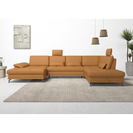 Wohnlandschaft Places of Style "Costello U-Form, B: 363 cm mit Sitztiefen-, Armteilverstellung &", gelb (curry), B:363cm H:89cm T:223cm, Luxus-Microfaser (90% Polyester, 10% Polyamid);Samtoptik (100% Polyester), Sofas, 3 Nierenkissen, optional Bettfunktion & Bettkasten