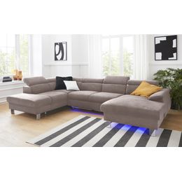 Wohnlandschaft COTTA "Komaris U-Form, B: 320 cm", braun (mud), B:320cm, Microfaser PRIMABELLE (100% Polyester);Kunstleder SOFTLUX;Feinstruktur (100% Polyester);Kunstleder SOFTLUX/Struktur (100% Polyester);NaturLEDER, Sofas, mit Kopfteilverstellung, optional Bettfunktion, Bettkasten & Licht