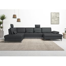 Wohnlandschaft Places of Style "Costello U-Form, B: 363 cm mit Sitztiefen-, Armteilverstellung &", schwarz, B:363cm H:89cm T:223cm, Luxus-Microfaser (90% Polyester, 10% Polyamid);Samtoptik (100% Polyester), Sofas, 3 Nierenkissen, optional Bettfunktion & Bettkasten
