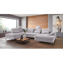 Wohnlandschaft Places of Style "Costello U-Form, B: 363 cm mit Sitztiefen-, Armteilverstellung &", silber, B:363cm H:89cm T:223cm, 100% Polyester;Samtoptik (100% Polyester), Sofas, 3 Nierenkissen, optional Bettfunktion & Bettkasten