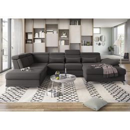Sit & More Wohnlandschaft SIT & MORE "Cabrio U-Form, B: 359 cm, mit Sitztiefen-, Arm- & Kopfteilverstellung", grau (fango), B:359cm H:87cm T:230cm, 100% Polyester, Sofas, 3 Nierenkissen, Federkern, optional Bettfunktion und Stauraum, Topseller