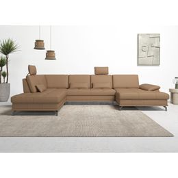 Wohnlandschaft Places of Style "Costello U-Form, B: 363 cm mit Sitztiefen-, Armteilverstellung &", braun (cappucino), B:363cm H:89cm T:223cm, Luxus-Microfaser (90% Polyester, 10% Polyamid);Samtoptik (100% Polyester), Sofas, 3 Nierenkissen, optional Bettfunktion & Bettkasten
