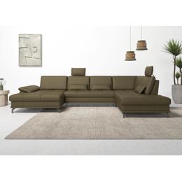 Wohnlandschaft Places of Style "Costello U-Form, B: 363 cm mit Sitztiefen-, Armteilverstellung &", grün (olive), B:363cm H:89cm T:223cm, Luxus-Microfaser (90% Polyester, 10% Polyamid);Samtoptik (100% Polyester), Sofas, 3 Nierenkissen, optional Bettfunktion & Bettkasten