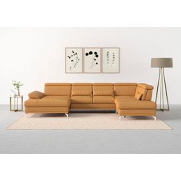 Sit & More Wohnlandschaft SIT & MORE "Cabrio U-Form, B: 359 cm, mit Sitztiefen-, Arm- & Kopfteilverstellung", gelb (curry), B:359cm H:87cm T:230cm, Sofas, 3 Nierenkissen, Federkern, optional Bettfunktion und Stauraum