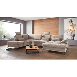 Wohnlandschaft Places of Style "Costello U-Form, B: 363 cm mit Sitztiefen-, Armteilverstellung &", beige (sand), B:363cm H:89cm T:223cm, 100% Polyester;Samtoptik (100% Polyester), Sofas, 3 Nierenkissen, optional Bettfunktion & Bettkasten