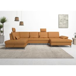 Wohnlandschaft Places of Style "Costello U-Form, B: 363 cm mit Sitztiefen-, Armteilverstellung &", gelb (curry), B:363cm H:89cm T:223cm, Luxus-Microfaser (90% Polyester, 10% Polyamid);Samtoptik (100% Polyester), Sofas, 3 Nierenkissen, optional Bettfunktion & Bettkasten