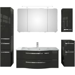 Badmöbel-Set SAPHIR "Serie 4005, vormontiert, Glaswaschbecken, Spiegelschrank", grau (lack steingrau hgl, quarzgrau hgl), Holzwerkstoff, Kastenmöbel-Sets, Badezimmer-Set mit Unterschrank, Hängeschrank, Hochschrank, Türdämpfer