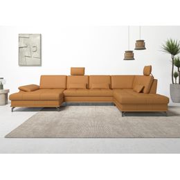 Wohnlandschaft Places of Style "Costello U-Form, B: 363 cm mit Sitztiefen-, Armteilverstellung &", gelb (curry), B:363cm H:89cm T:223cm, Luxus-Microfaser (90% Polyester, 10% Polyamid);Samtoptik (100% Polyester), Sofas, 3 Nierenkissen, optional Bettfunktion & Bettkasten