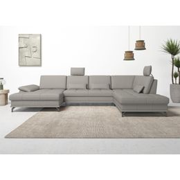 Wohnlandschaft Places of Style "Costello U-Form, B: 363 cm mit Sitztiefen-, Armteilverstellung &", grau (hellgrau), B:363cm H:89cm T:223cm, Luxus-Microfaser (90% Polyester, 10% Polyamid);Samtoptik (100% Polyester), Sofas, 3 Nierenkissen, optional Bettfunktion & Bettkasten