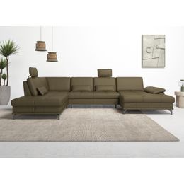 Wohnlandschaft Places of Style "Costello U-Form, B: 363 cm mit Sitztiefen-, Armteilverstellung &", grün (olive), B:363cm H:89cm T:223cm, Luxus-Microfaser (90% Polyester, 10% Polyamid);Samtoptik (100% Polyester), Sofas, 3 Nierenkissen, optional Bettfunktion & Bettkasten