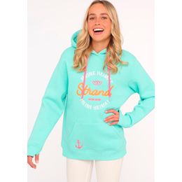 Hoodie Zwillingsherz ""Meine Heimat"", Damen, Gr. LXL (L/XL), blau (türkis), Sweatware, Obermaterial: 80% Baumwolle, 20% Polyester, unifarben, Modisch, normal normal, ohne Ausschnitt, angesetztes Bündchen, Sweatshirts, mit aufgesticktem "Strand"-Schriftzug vorne und hinten