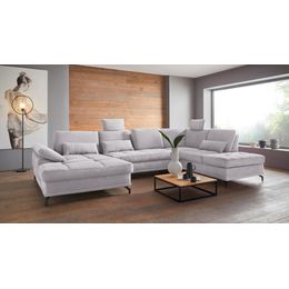 Wohnlandschaft Places of Style "Costello U-Form, B: 363 cm mit Sitztiefen-, Armteilverstellung &", silber, B:363cm H:89cm T:223cm, 100% Polyester;Samtoptik (100% Polyester), Sofas, 3 Nierenkissen, optional Bettfunktion & Bettkasten