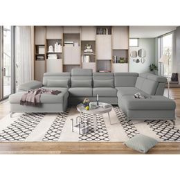 Sit & More Wohnlandschaft SIT & MORE "Cabrio U-Form, B: 359 cm, mit Sitztiefen-, Arm- & Kopfteilverstellung", grau, B:359cm H:87cm T:230cm, 100% Polyester, Sofas, 3 Nierenkissen, Federkern, optional Bettfunktion und Stauraum
