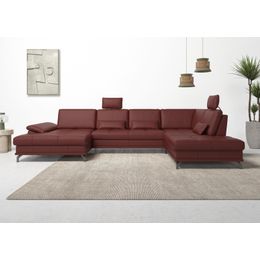 Wohnlandschaft Places of Style "Costello U-Form, B: 363 cm mit Sitztiefen-, Armteilverstellung &", rot (merlot), B:363cm H:89cm T:223cm, Luxus-Microfaser (90% Polyester, 10% Polyamid);Samtoptik (100% Polyester), Sofas, 3 Nierenkissen, optional Bettfunktion & Bettkasten