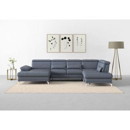 Sit & More Wohnlandschaft SIT & MORE "Cabrio U-Form, B: 359 cm, mit Sitztiefen-, Arm- & Kopfteilverstellung", blau (graublau), B:359cm H:87cm T:230cm, Sofas, 3 Nierenkissen, Federkern, optional Bettfunktion und Stauraum