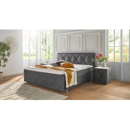 Boxbett LEONIQUE "Alfie, Topseller Inkl. Bettkasten&Topper", grau (anthrazit), L:211cm, Holzwerkstoff, Spanplatte, Komplettbetten, Wahlweise mit Knopfsteppung oder Strasssteinen, H2, H3 und H4 wählbar, Topseller