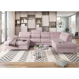 Sit & More Wohnlandschaft SIT & MORE "Cabrio U-Form, B: 359 cm, mit Sitztiefen-, Arm- & Kopfteilverstellung", rosa (rose), B:359cm H:87cm T:230cm, 100% Polyester, Sofas, 3 Nierenkissen, Federkern, optional Bettfunktion und Stauraum