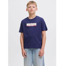 Jack & Jones T-Shirt JACK & JONES JUNIOR "JORINWOOD BLOCK BRAND TEE SS CN NOOS JNR", Jungen, Gr. 140, blau (ocean cavern), Single Jersey, Obermaterial: 100% Baumwolle, bedruckt, relaxed fit, Rundhals, Shirts T-Shirt