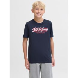 Jack & Jones T-Shirt JACK & JONES JUNIOR "JJURBAN TEE SS CREW NECK JNR", Jungen, Gr. 140, blau (sky captain), Single Jersey, Obermaterial: 100% Baumwolle, bedruckt, regular fit normal, Rundhals, Shirts