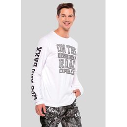 Cipo & Baxx T-Shirt CIPO & BAXX "Langarmshirt", Herren, Gr. S, wei&szlig;, 95% Baumwolle, 5% Elasthan, bedruckt, regular fit, Rundhals, Shirts T-Shirt, mit coolen Ziersteinen